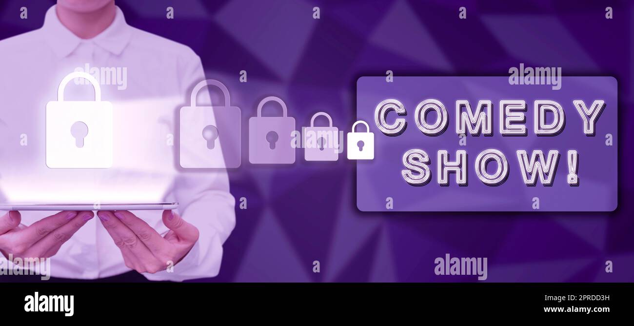 Hand writing sign Comedy Show. Word for Funny program Humorous Amusing ...