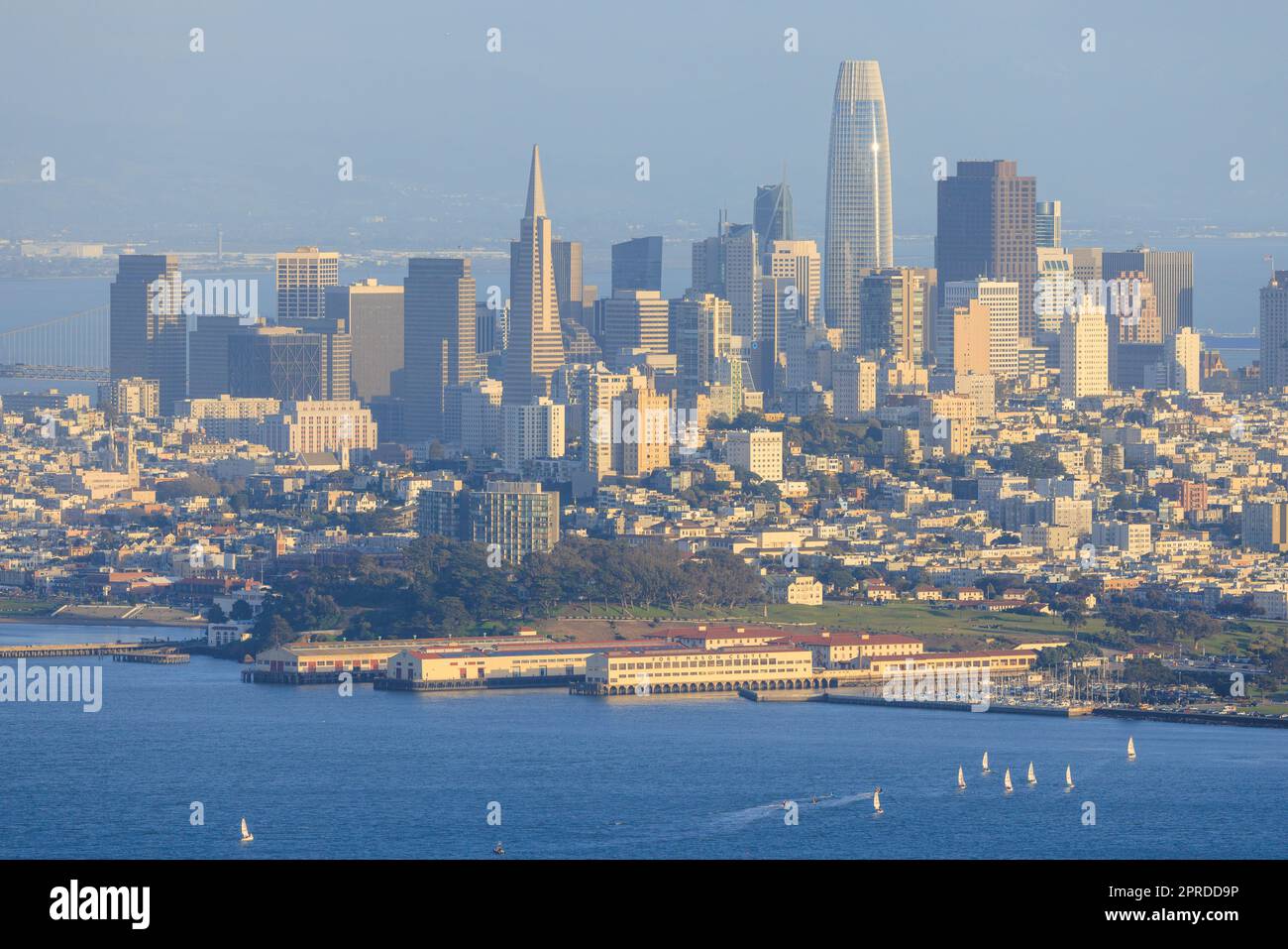 San Francisco skyline towers over Marina District and boats sailing in ...