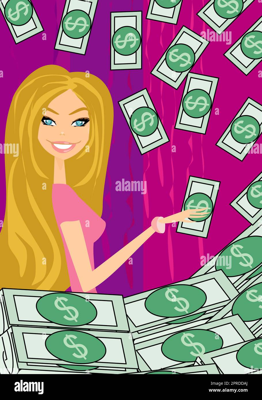 Happy winner with money flying around her Stock Photo - Alamy