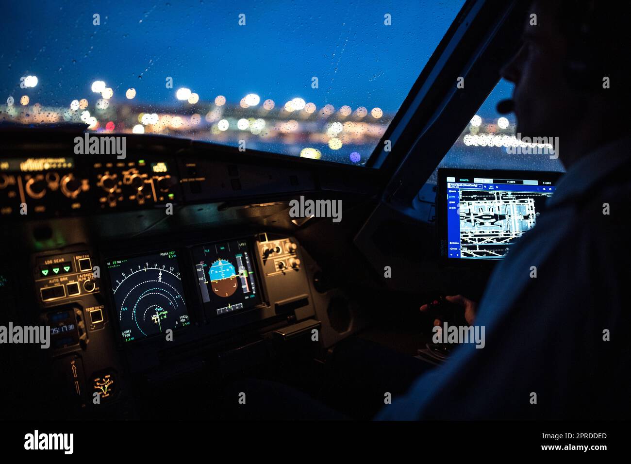 Commercial airliner airplane flight cockpit during takeoff Stock Photo ...