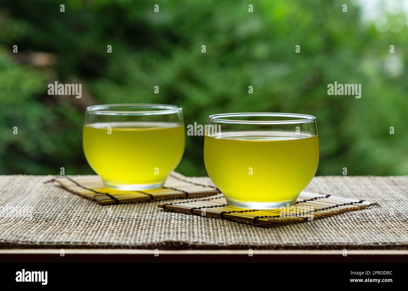 Cold Japanese green tea placed in a place with a view of the garden ...