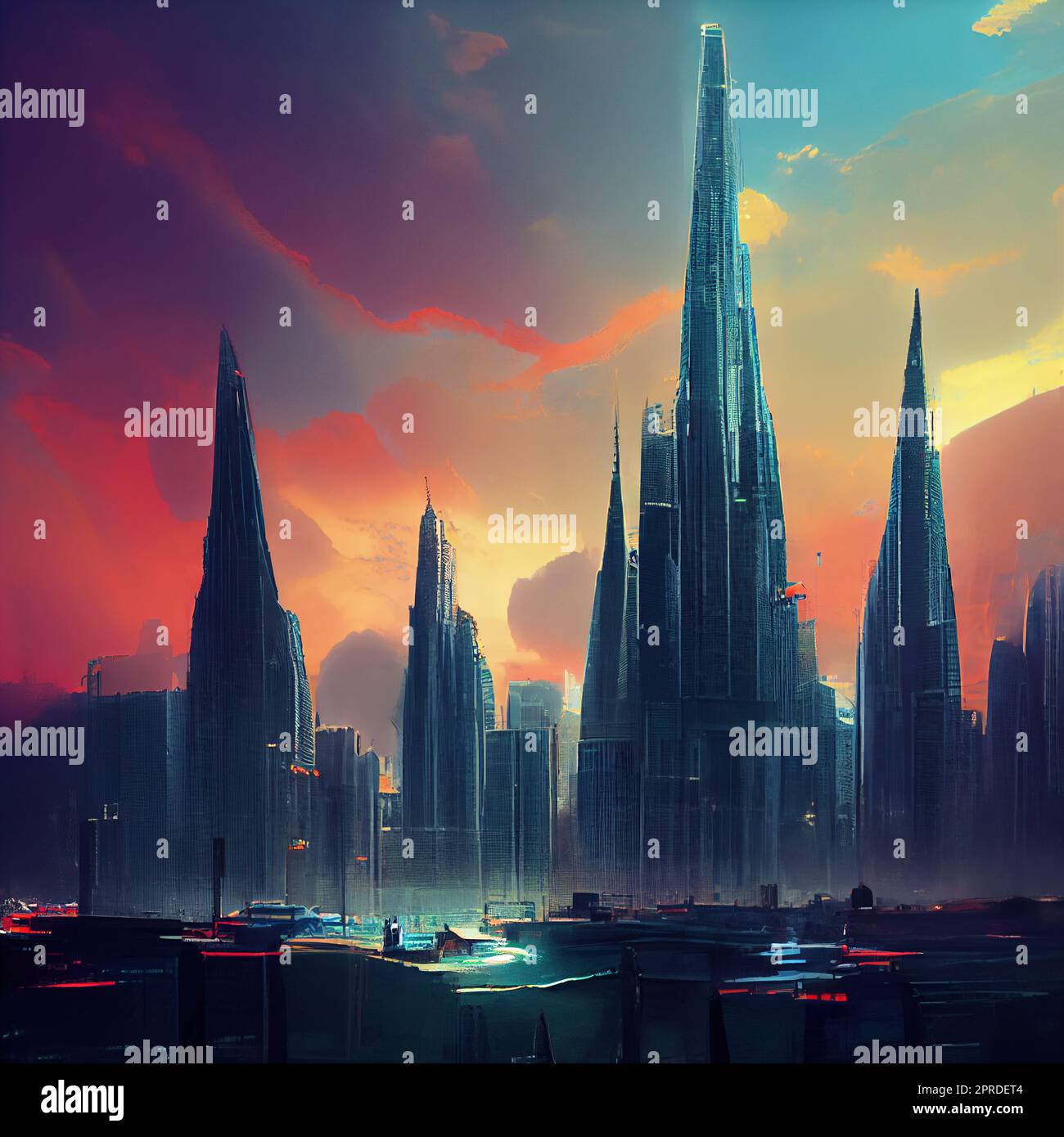 Mega cyberpunk style city surrounding with many skyscraper towers ...