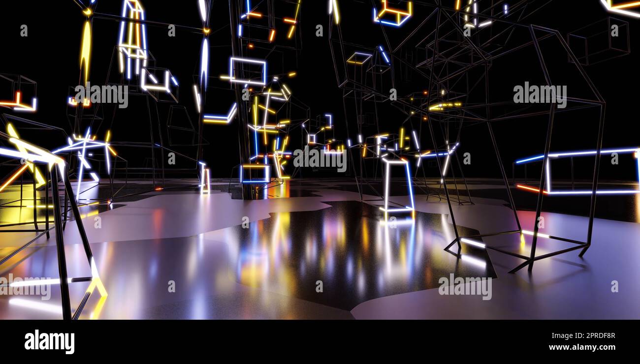 Photo of a colorful light installation in a dark room 3d render ...