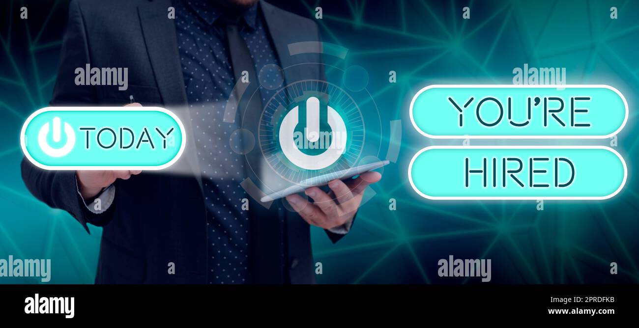 Hand writing sign You Re Are Hired. Business concept New Job Employed ...