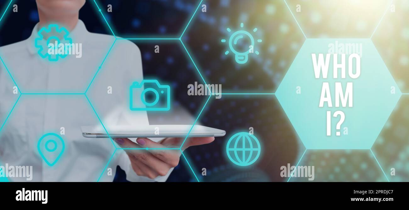 Text showing inspiration Who Am I. Conceptual photo Introduce Identify ...