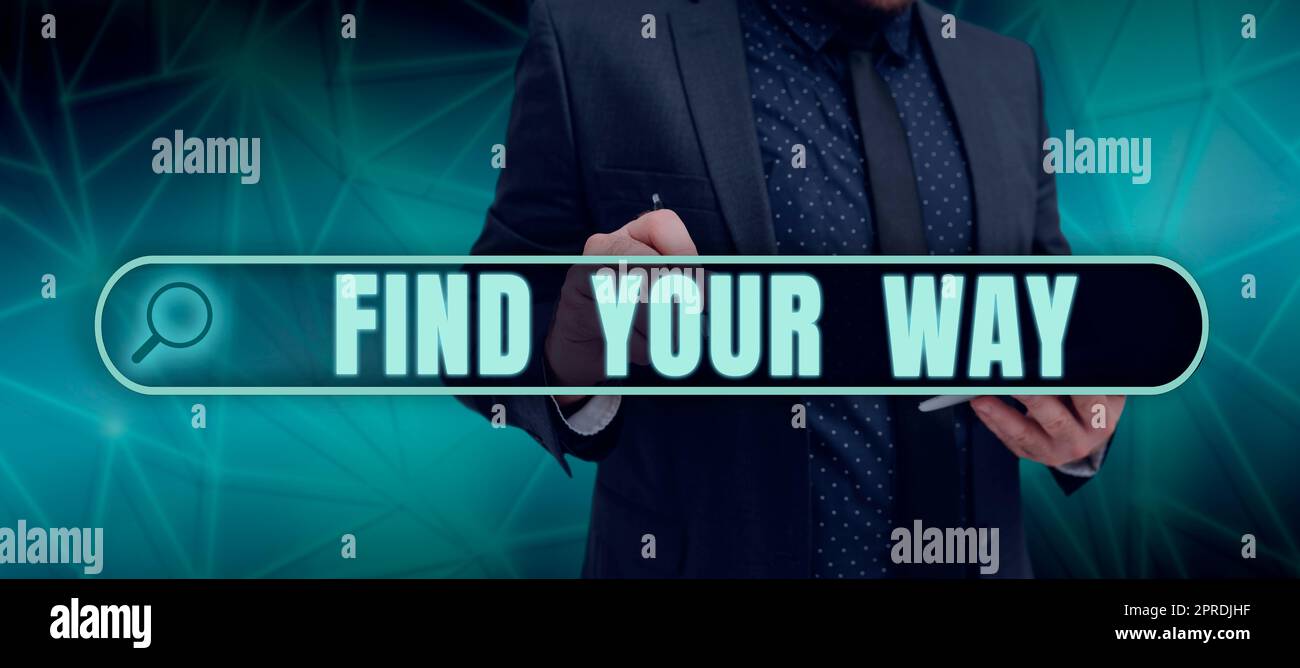 Text caption presenting Find Your Way. Word for Look for personal ...
