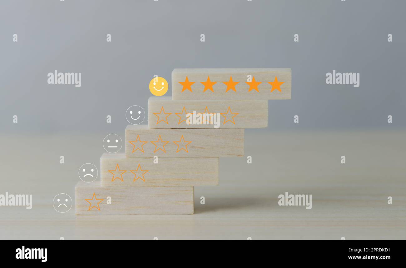 Customer service feedback 5 start wood cube block on table Stock Photo ...