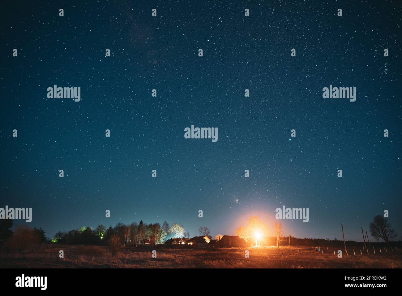Real Night Sky Stars Above Old Village. Natural Starry Sky Above Rural ...
