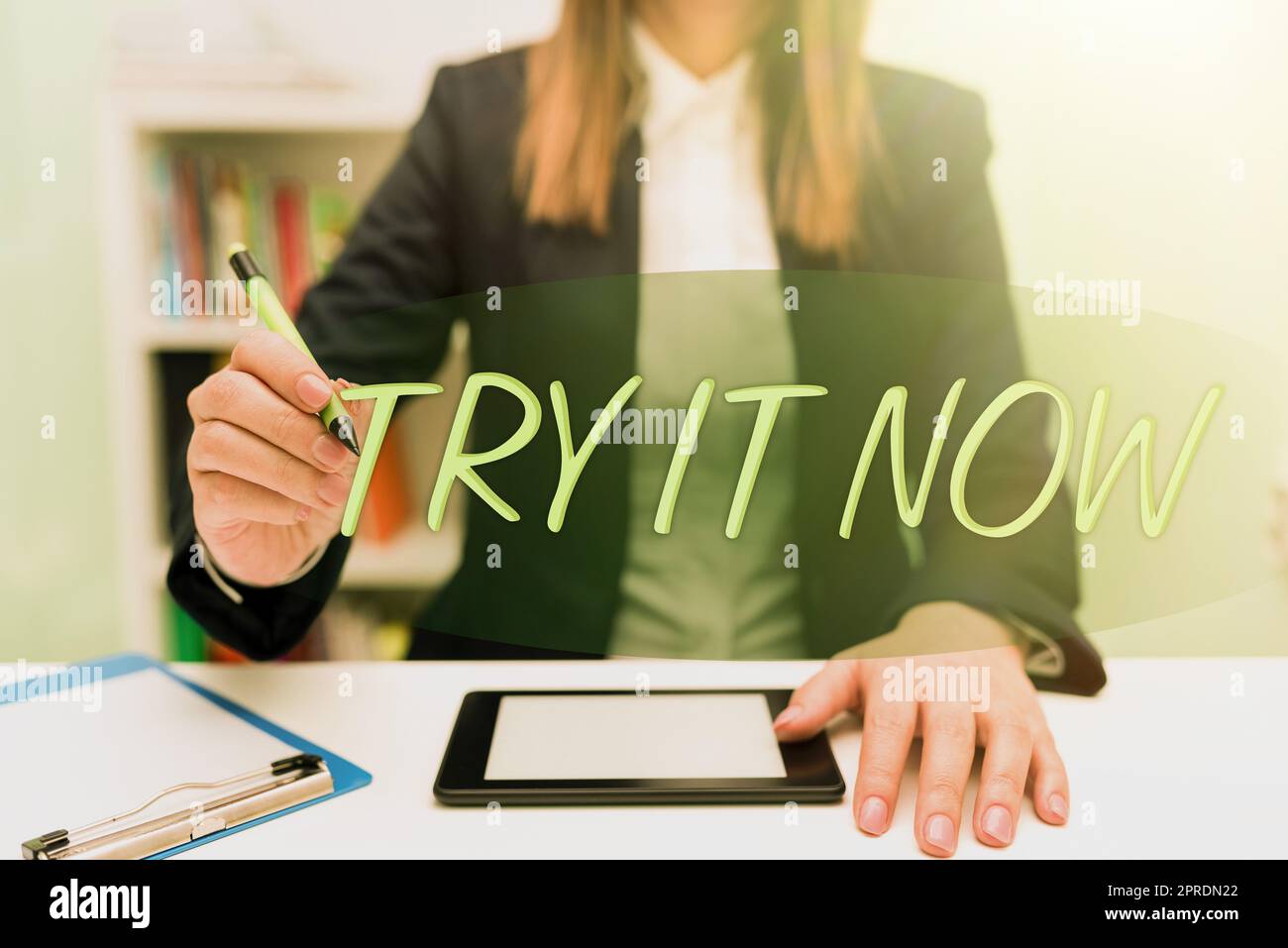 Hand writing sign Try It Now. Business approach Free trial of something new experiment different ...