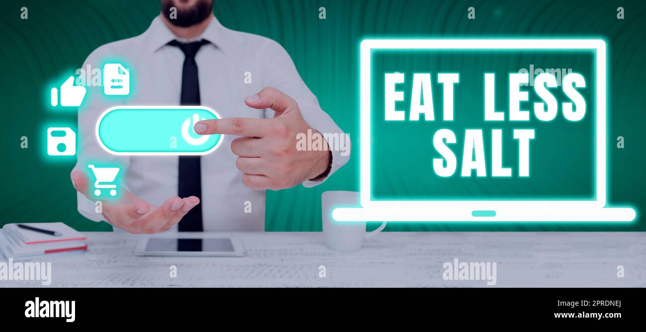 Writing displaying text Eat Less Salt. Business concept Reduce the ...