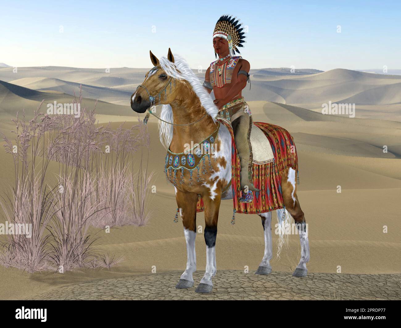An American Indian rides his paint horse in a desert landscape with war ...