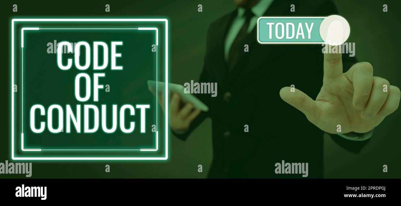 Text caption presenting Code Of Conduct. Word for Ethics rules moral ...