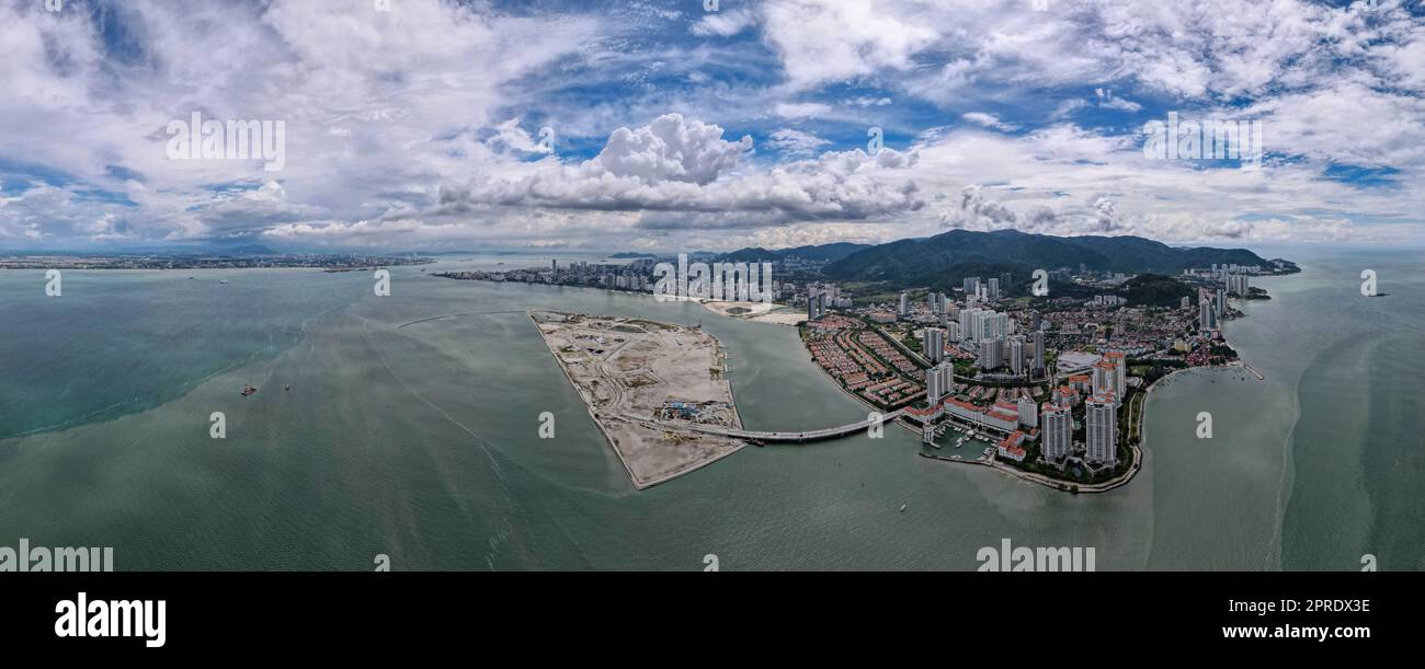 Panorama aerial view Tanjung Tokong at Penang Island in blue cloudy day ...