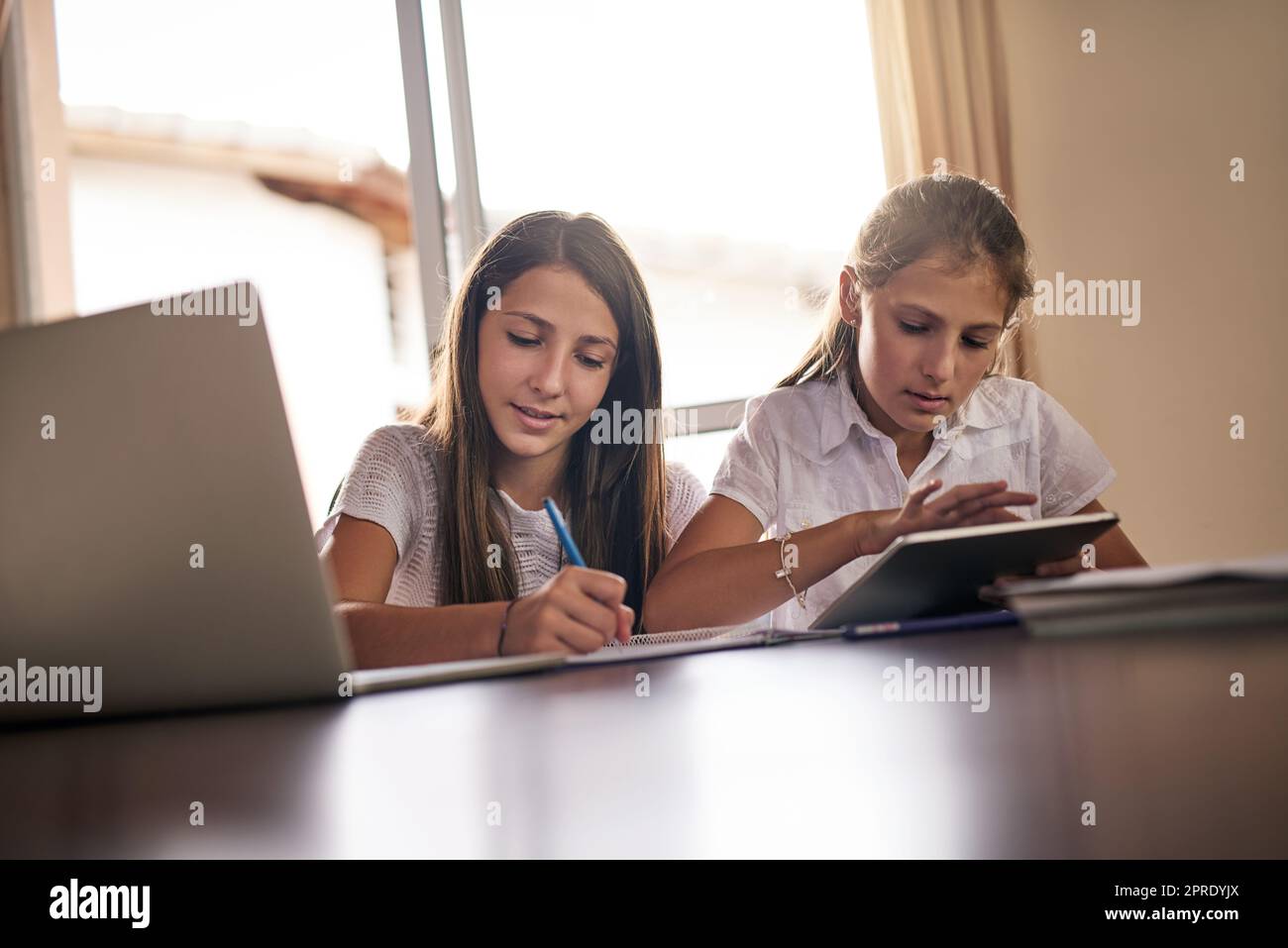 Doing our school work together. two cheerful young girls doing homework ...