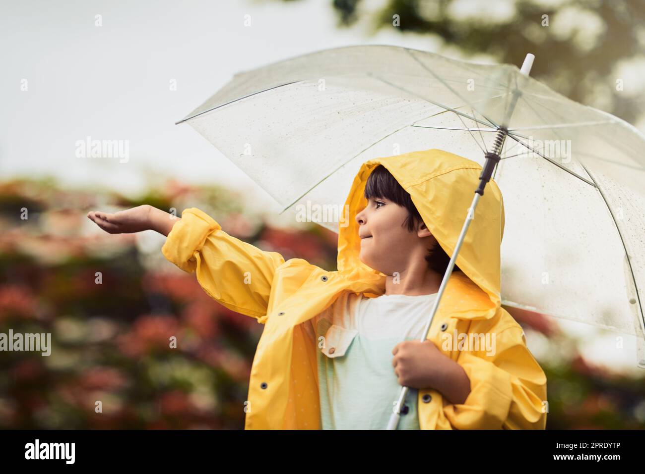 Enjoying the weather outside. an adorable little boy in the rain ...