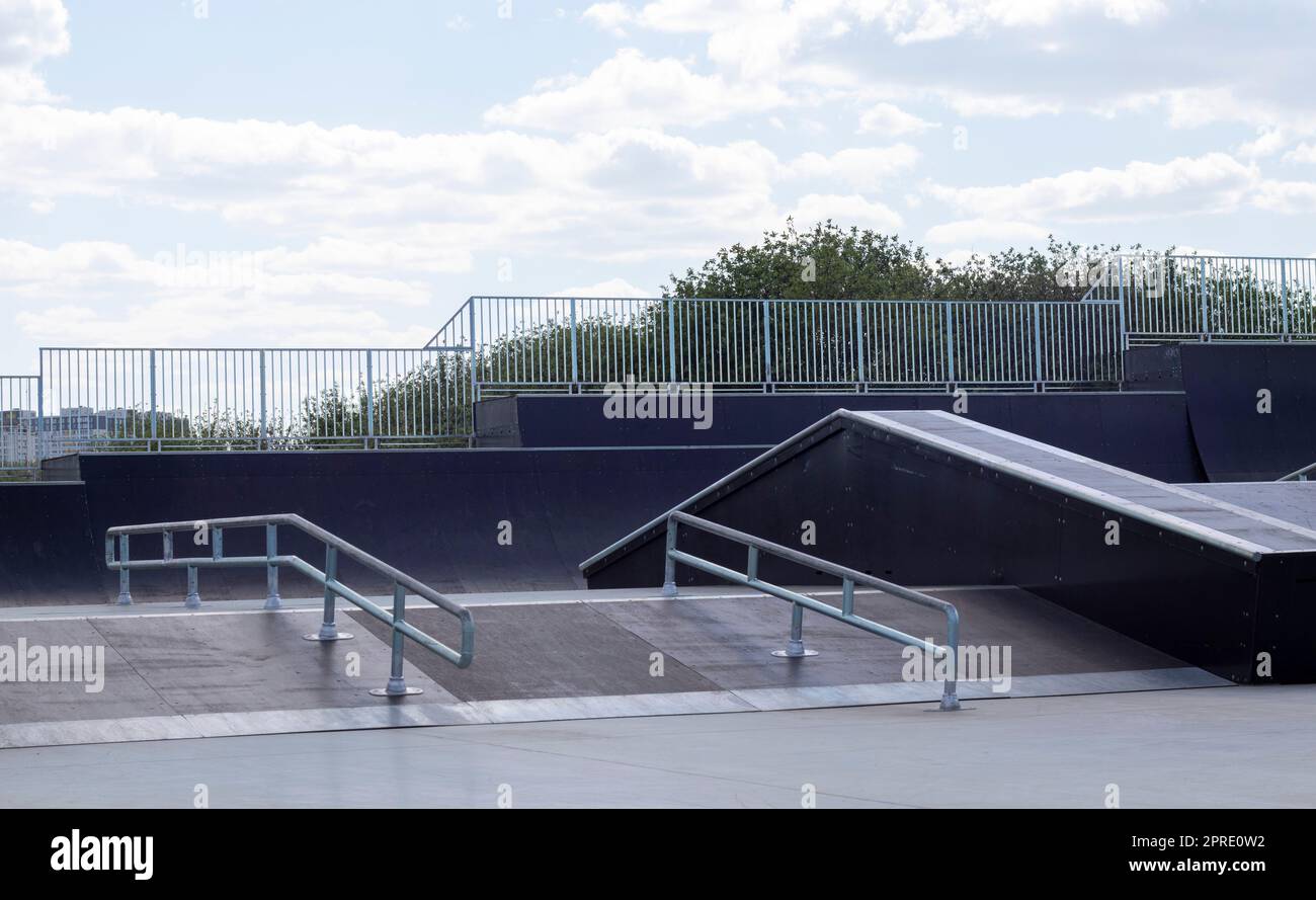 Skate park during the day. Empty, no people skating park. Skatepark ...