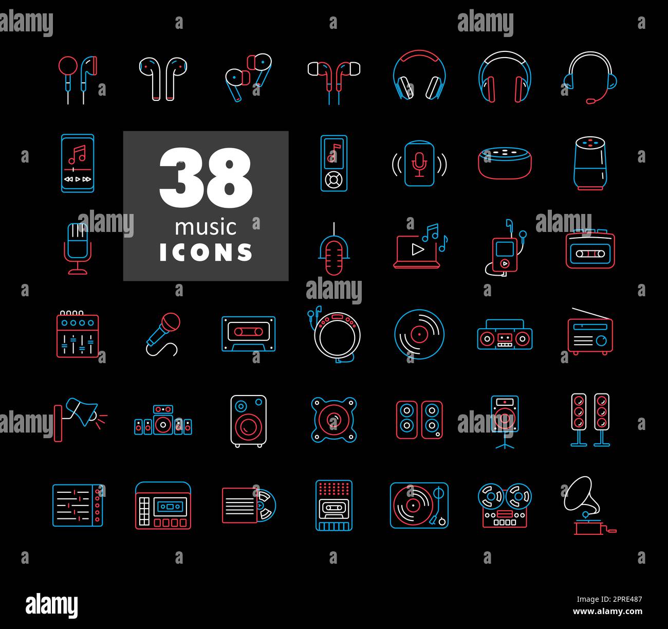 Multimedia devices and symbols on black background icons set. Graph ...