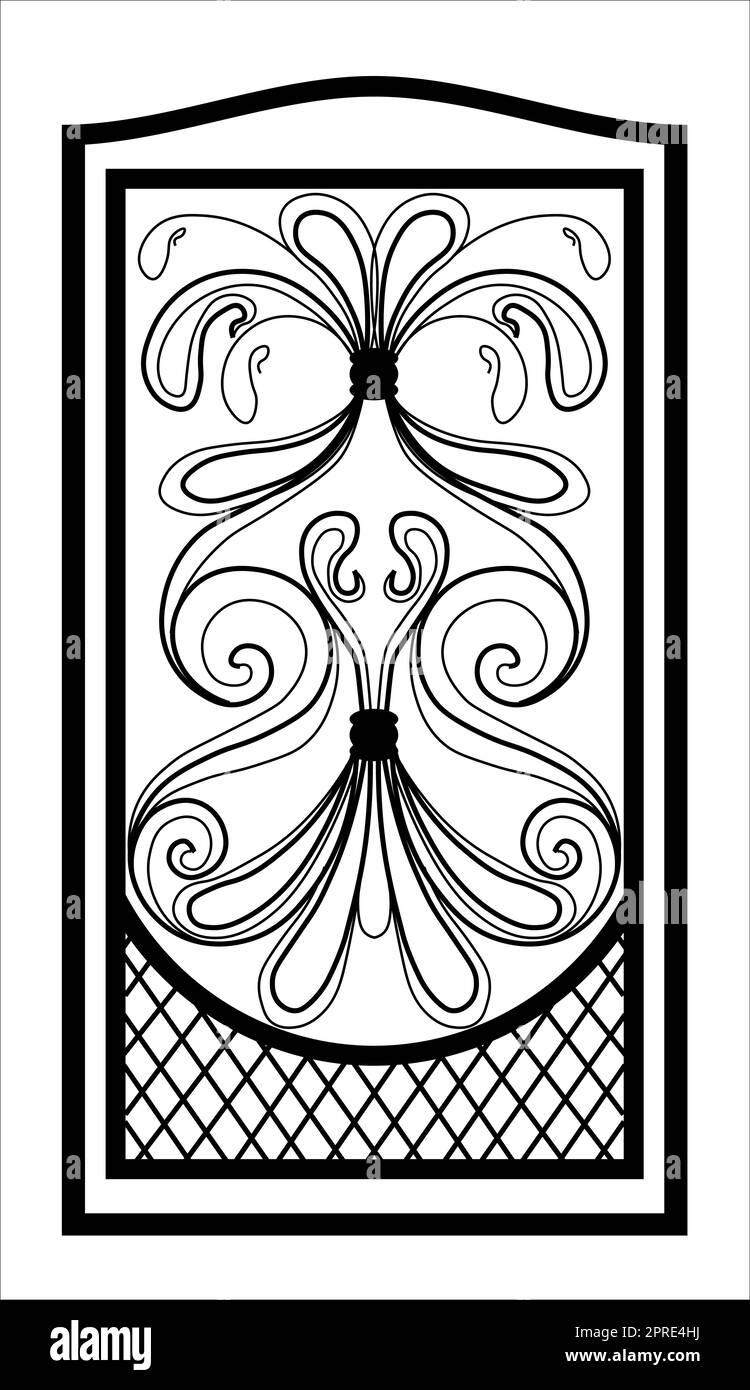 wrought iron gate. Black metal gate with forged ornaments on a white ...