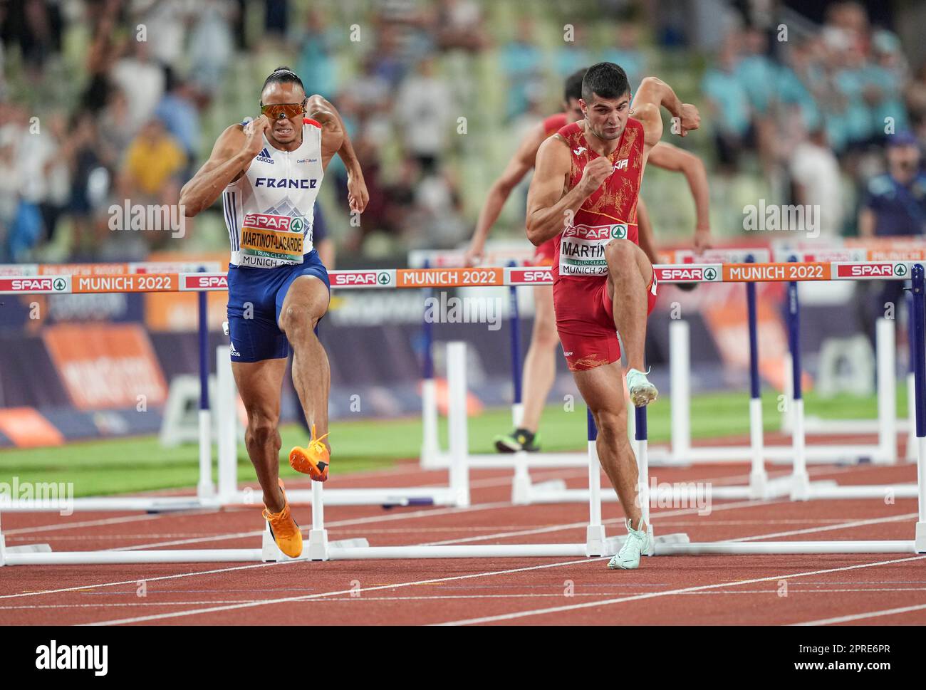 Asier Martínez and Pascal Martinot-Lagarde in the 110m hurdles final of the 2022 European ...