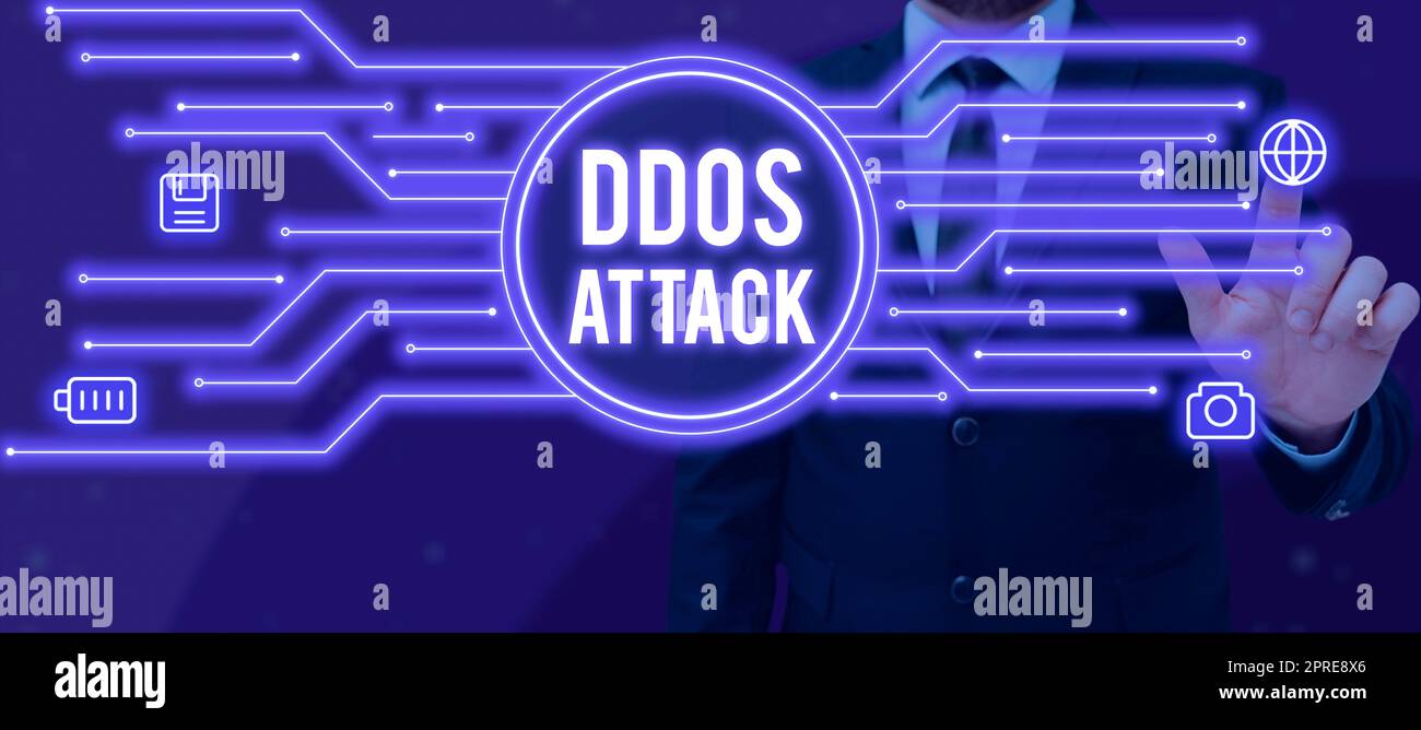 Text caption presenting Ddos Attack, Word Written on disturbed access to the normal server ...