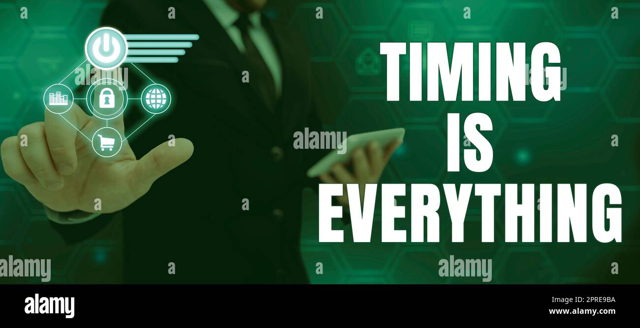 Hand writing sign Timing Is Everything, Word Written on Do it now be ...