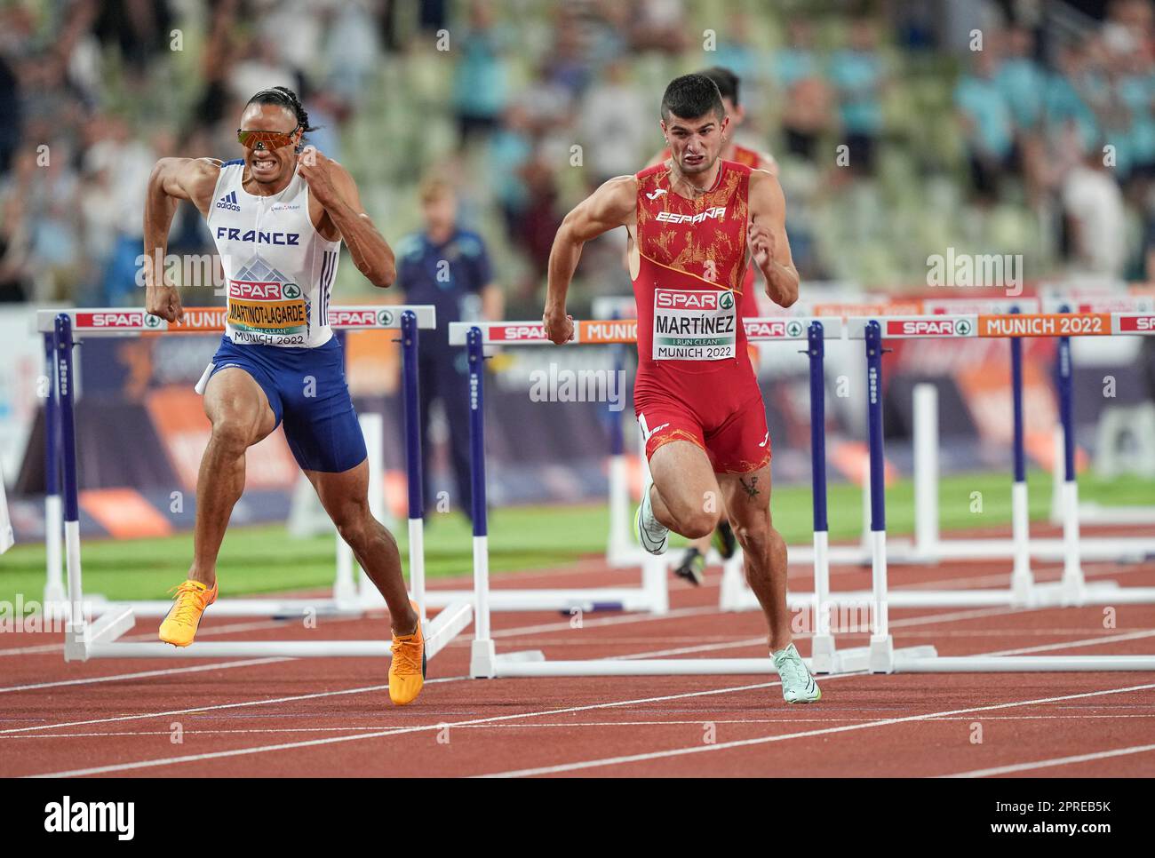 Asier Martínez and Pascal Martinot-Lagarde in the 110m hurdles final of the 2022 European ...