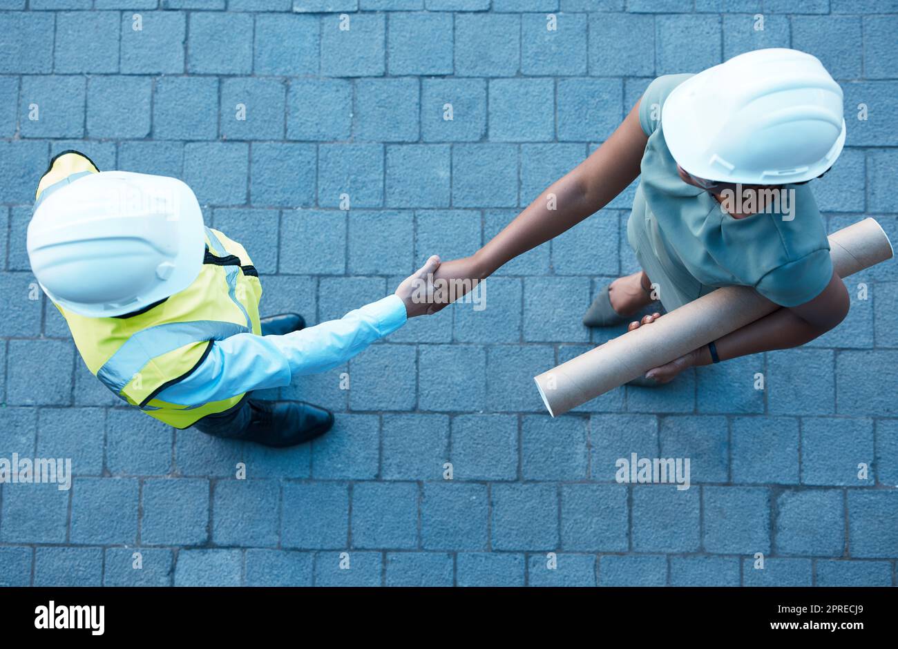 Architect partnership, client handshake and construction worker meeting ...