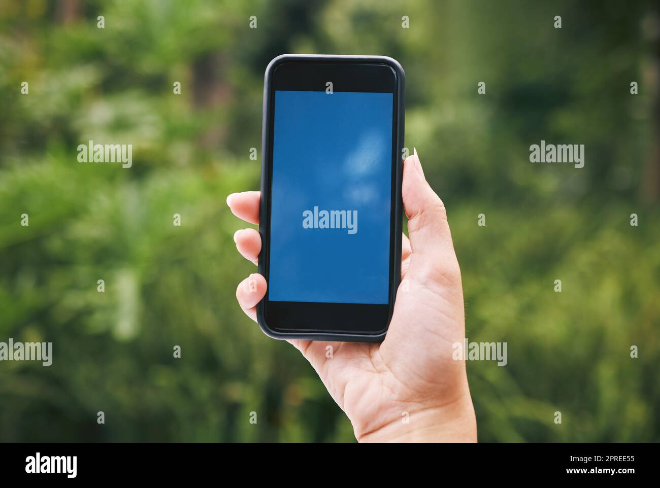 Digital, mockup and phone with woman in nature for internet ...