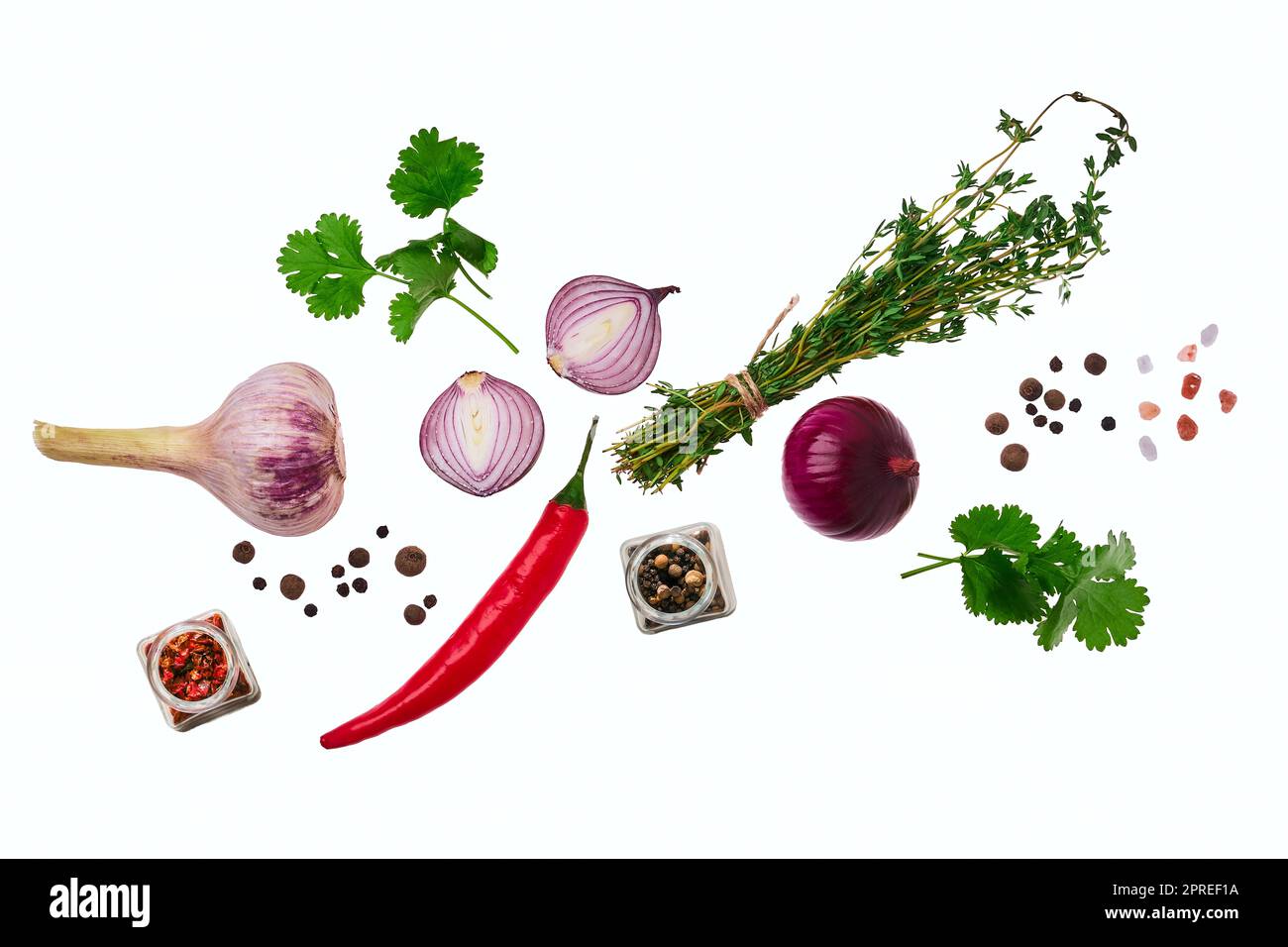Top view of variety of spice isolated on white background. Garlic ...