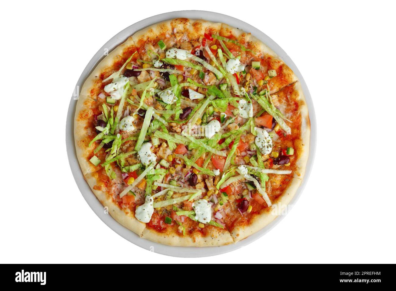 Top view of vegetarian pizza with corn, bean, mozzarella isolated on ...