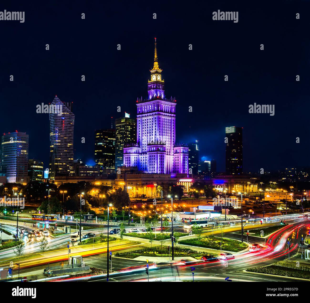 Palace of Culture and Science, symbol of Warsaw at night Stock Photo ...