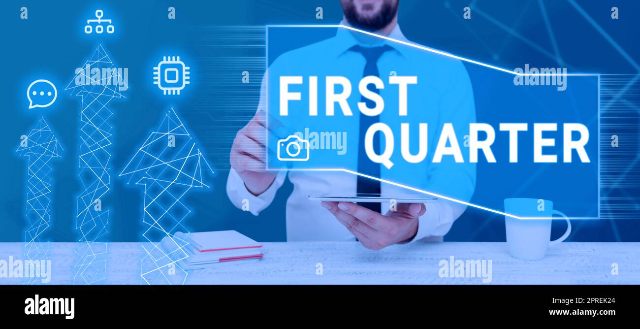 Hand writing sign First Quarter, Word Written on one of the considered ...