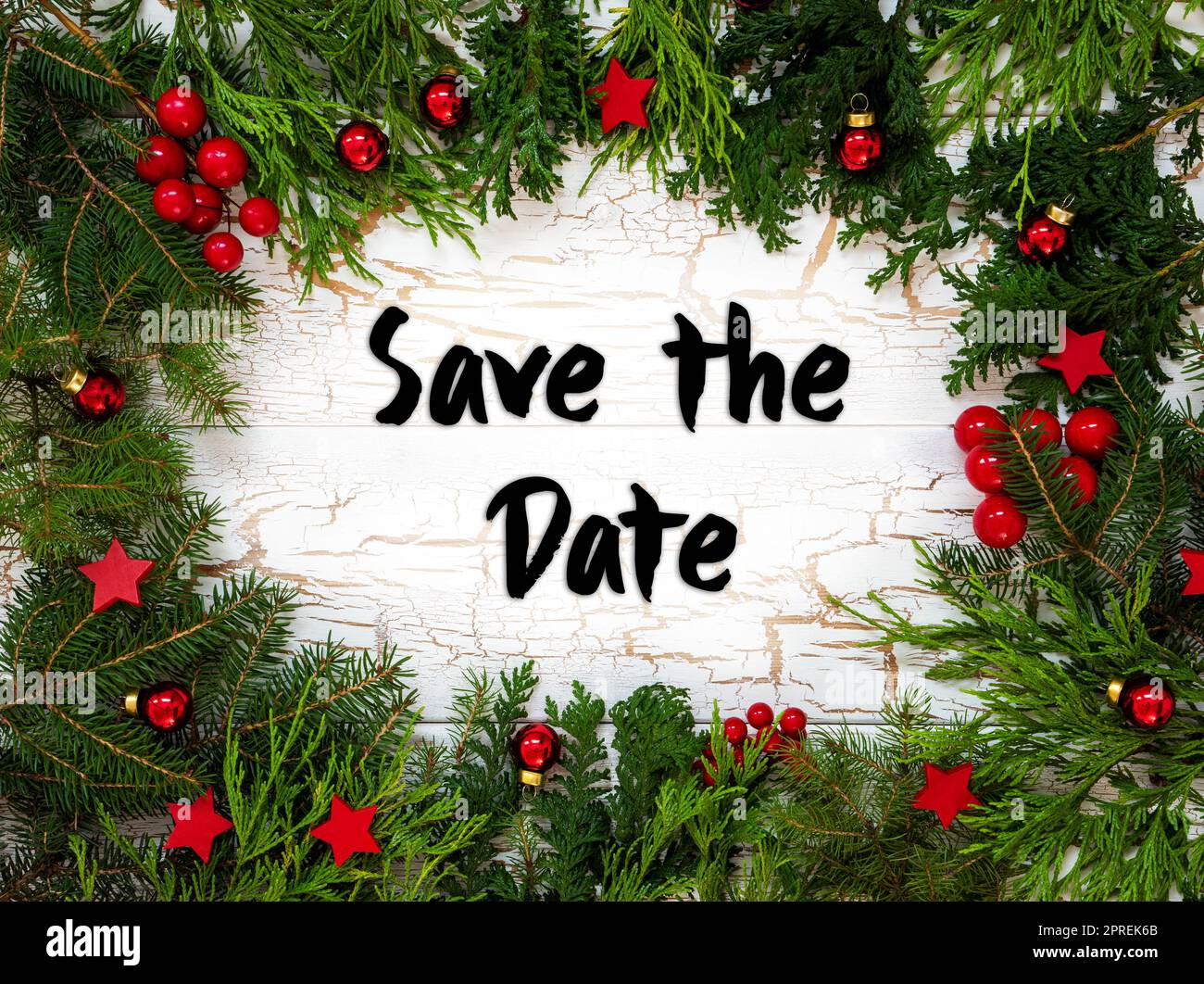Christmas Card With Fir Branches And English Text Save The Date. White ...