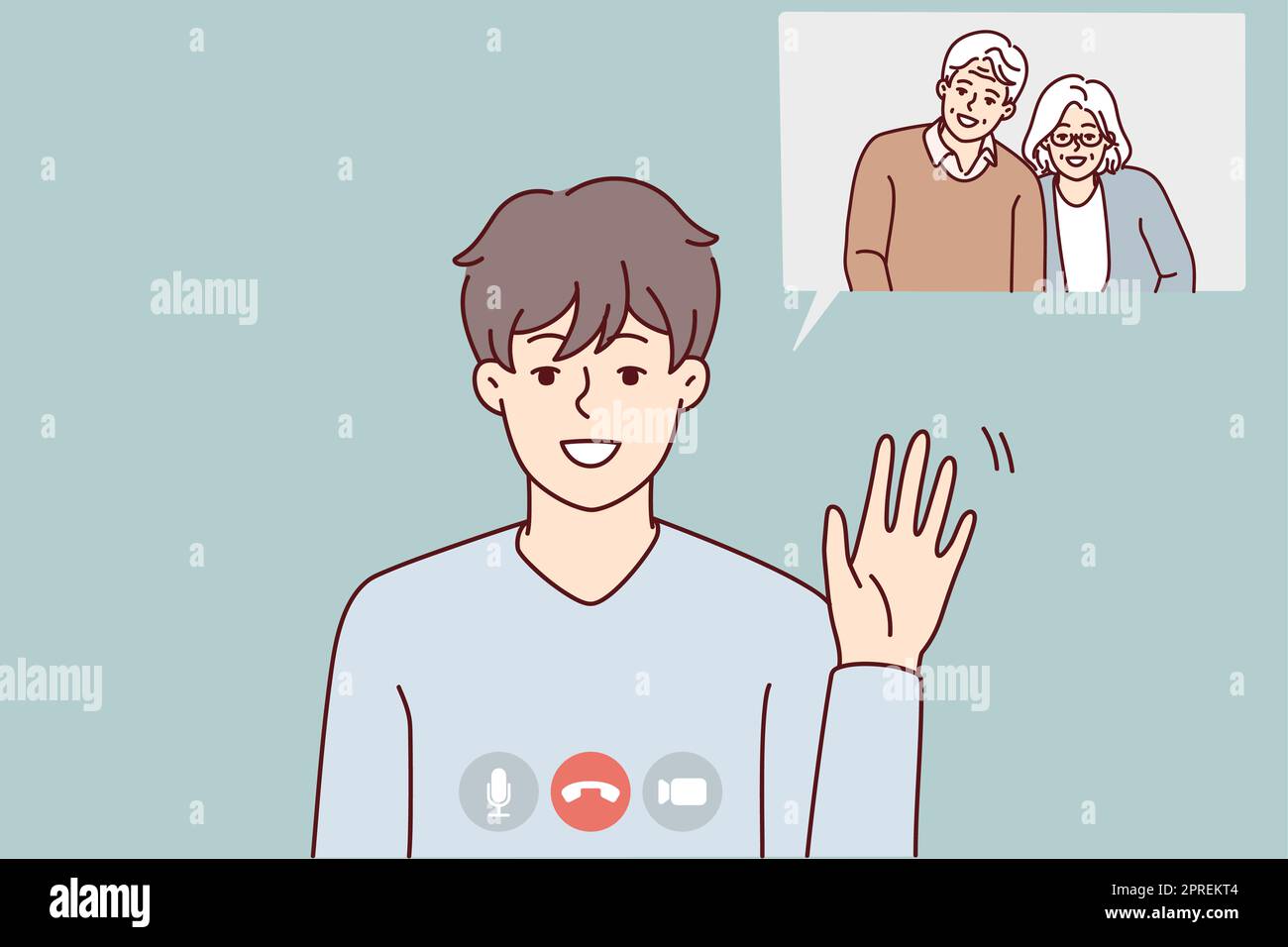 Smiling boy waving talking on video call with happy grandparents. Happy ...