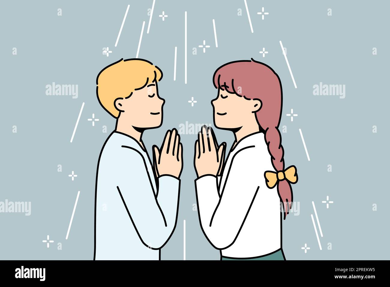 Boy, girl pray facing each other in church or at home. Children talk to ...