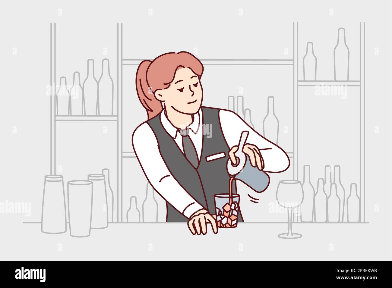 Bartender in uniform making cocktail at bar. Smiling female waitress ...