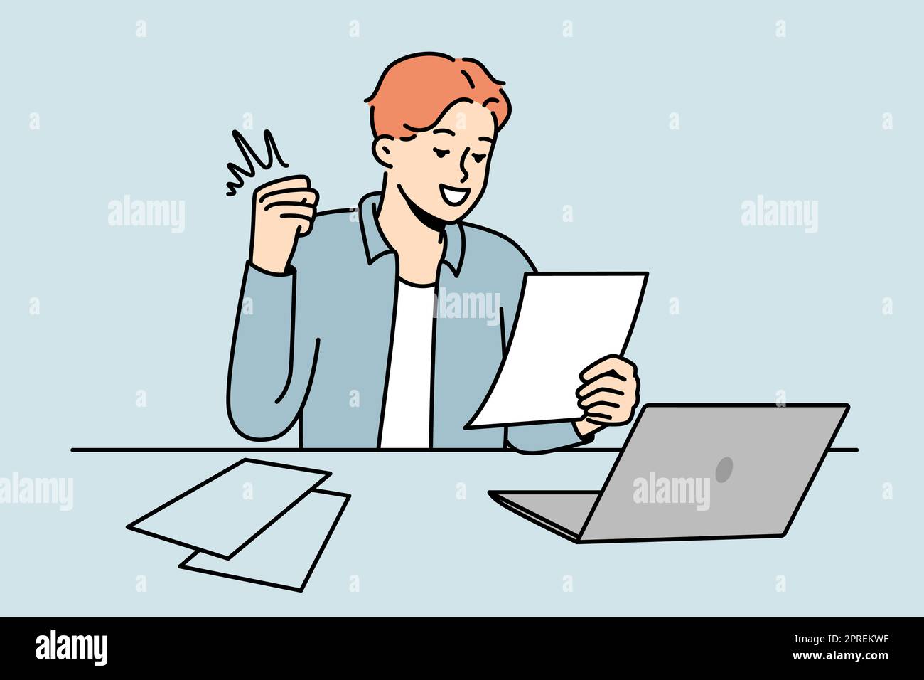 Smiling young man sit at desk work on computer excited with good news ...