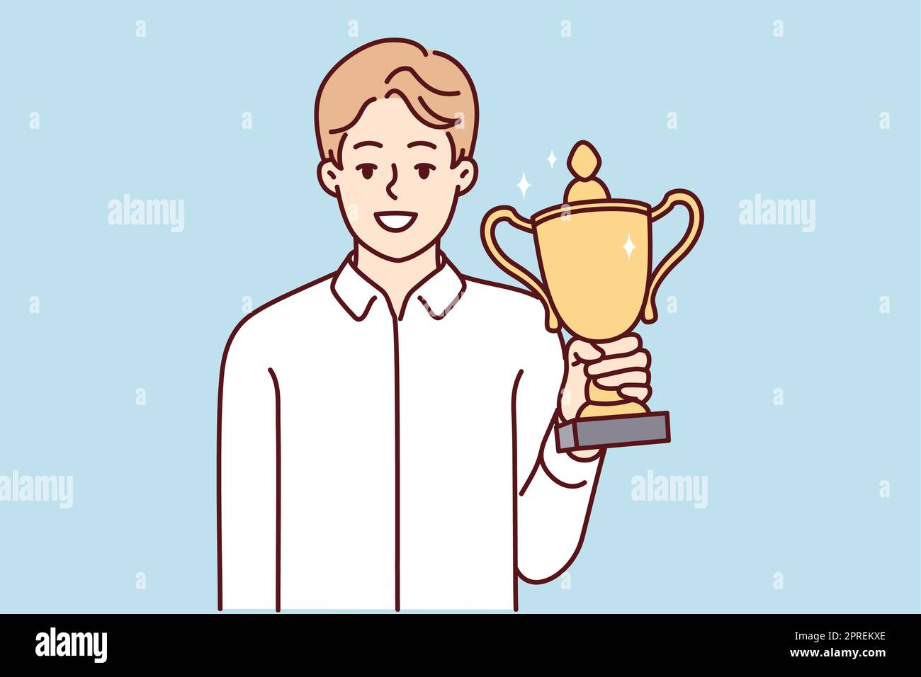 Smiling businessman holding gold trophy in hands celebrate win or ...