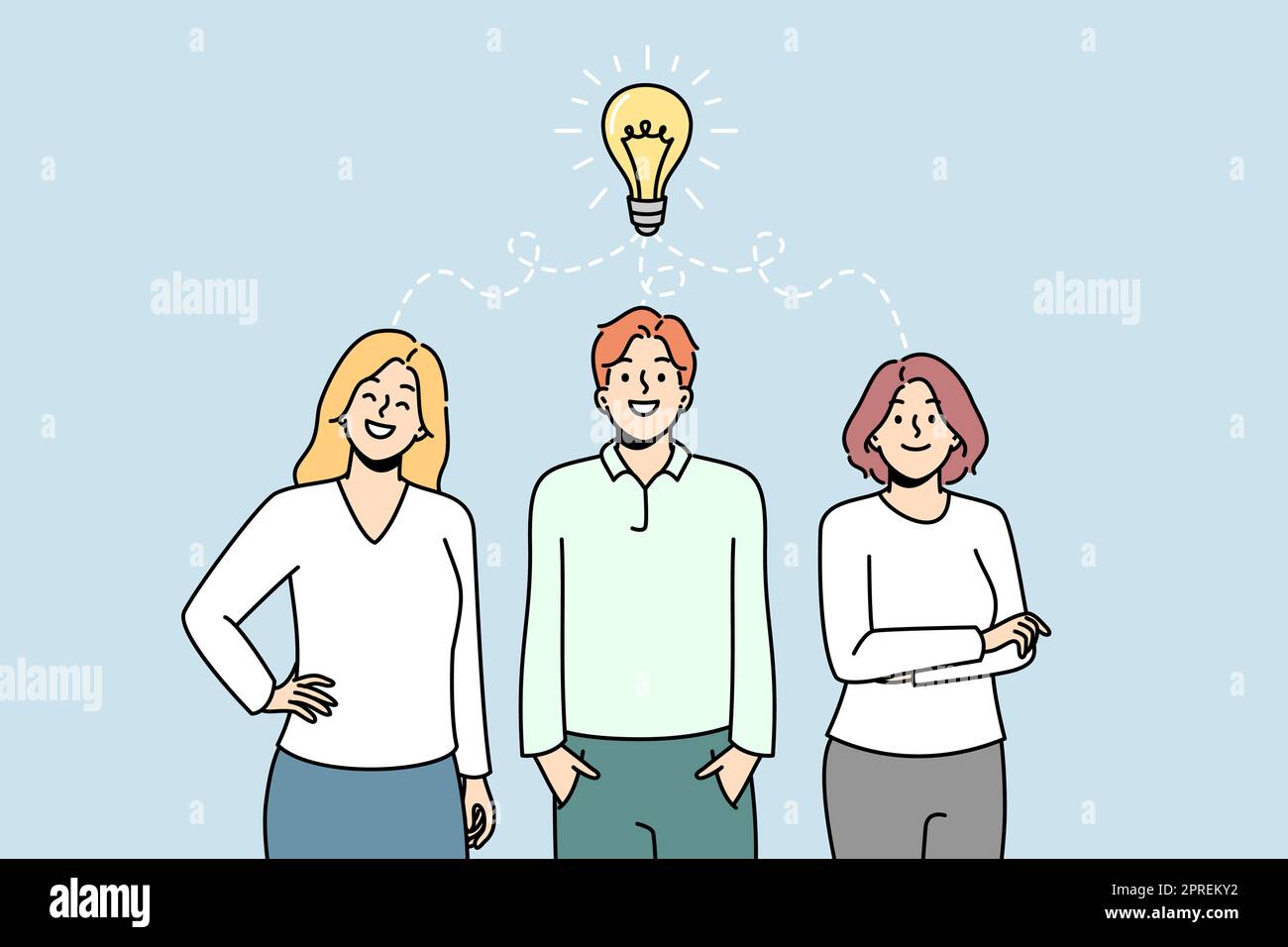 Burning light bulb over group of people standing together, colleagues ...