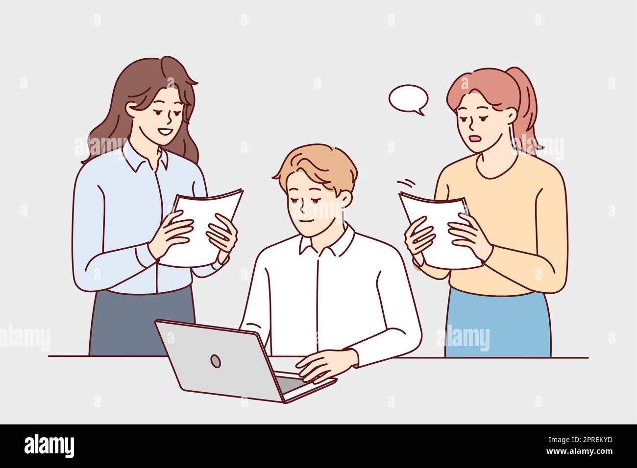 Female employee with paperwork stand near male boss or CEO in office ...