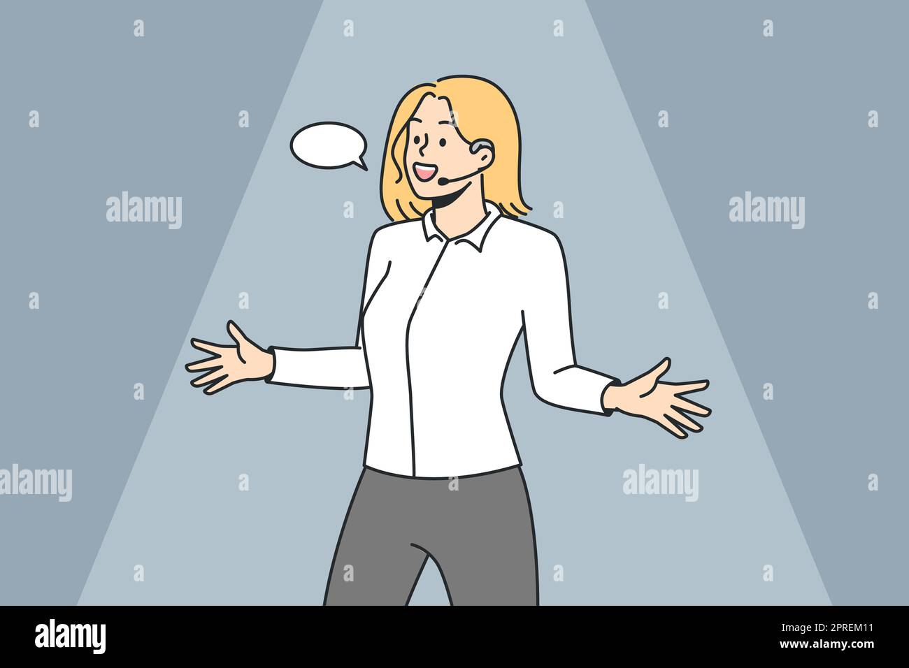 Stand-up comedian woman. Girl tells funny interesting story, shows ...