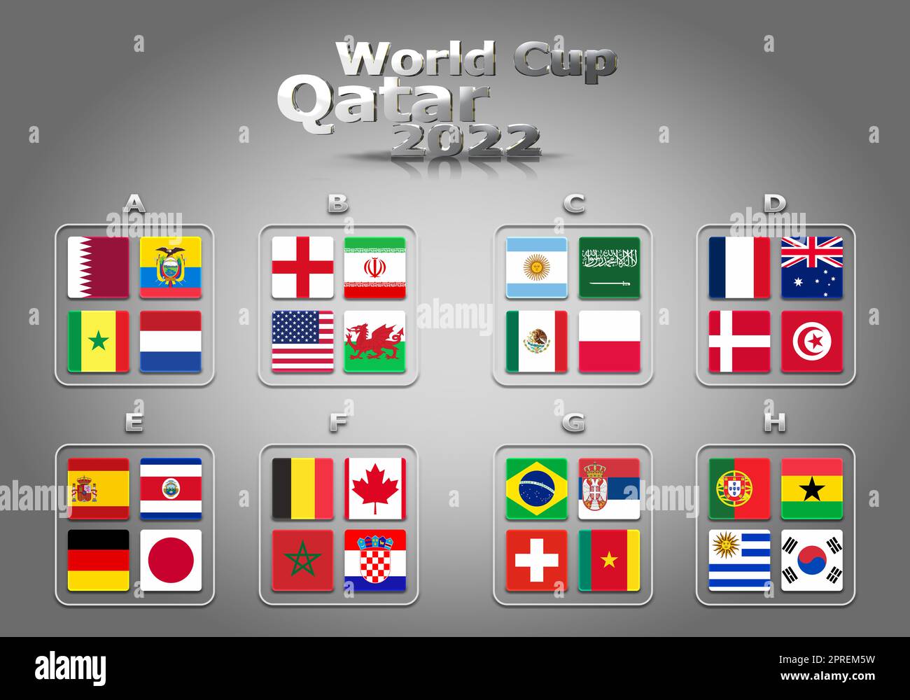 3d illustration groups of World Cup Qatar 2022 championship. All 32 ...