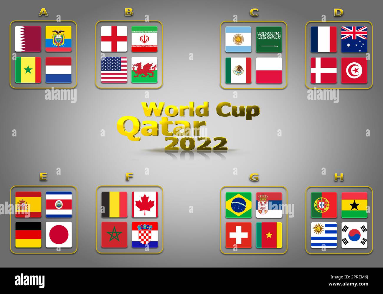 3d illustration groups of World Cup Qatar 2022 championship. All 32 ...
