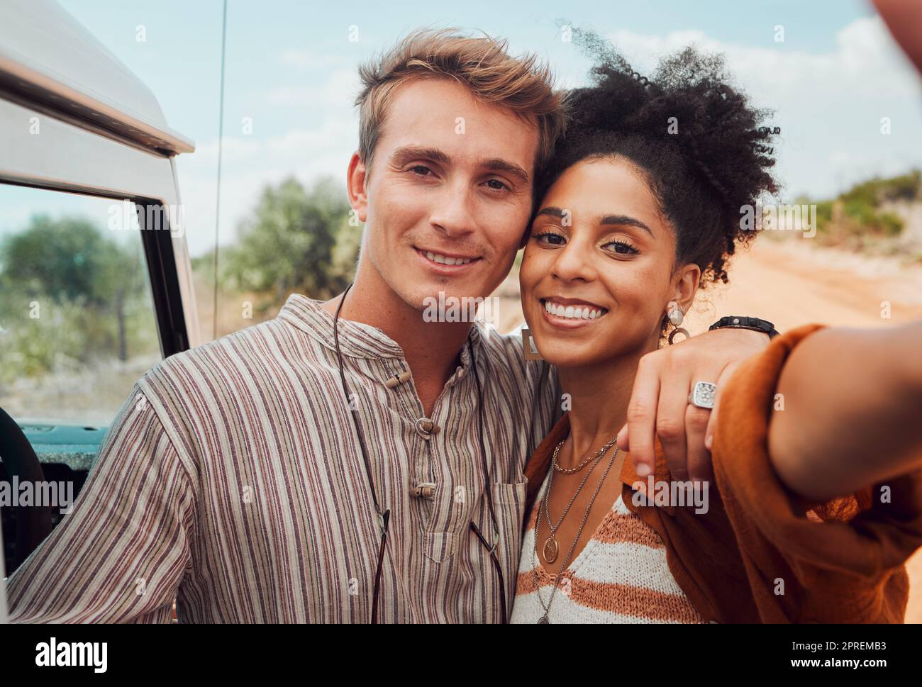 Travel, selfie and couple on road trip, happy, relax and smiling while ...