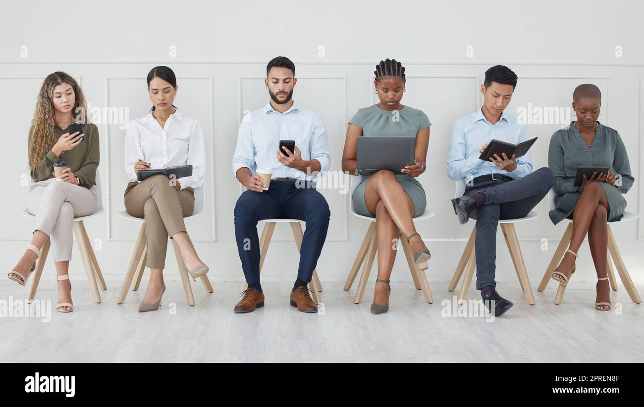 Business people, diversity and waiting room in networking or social ...