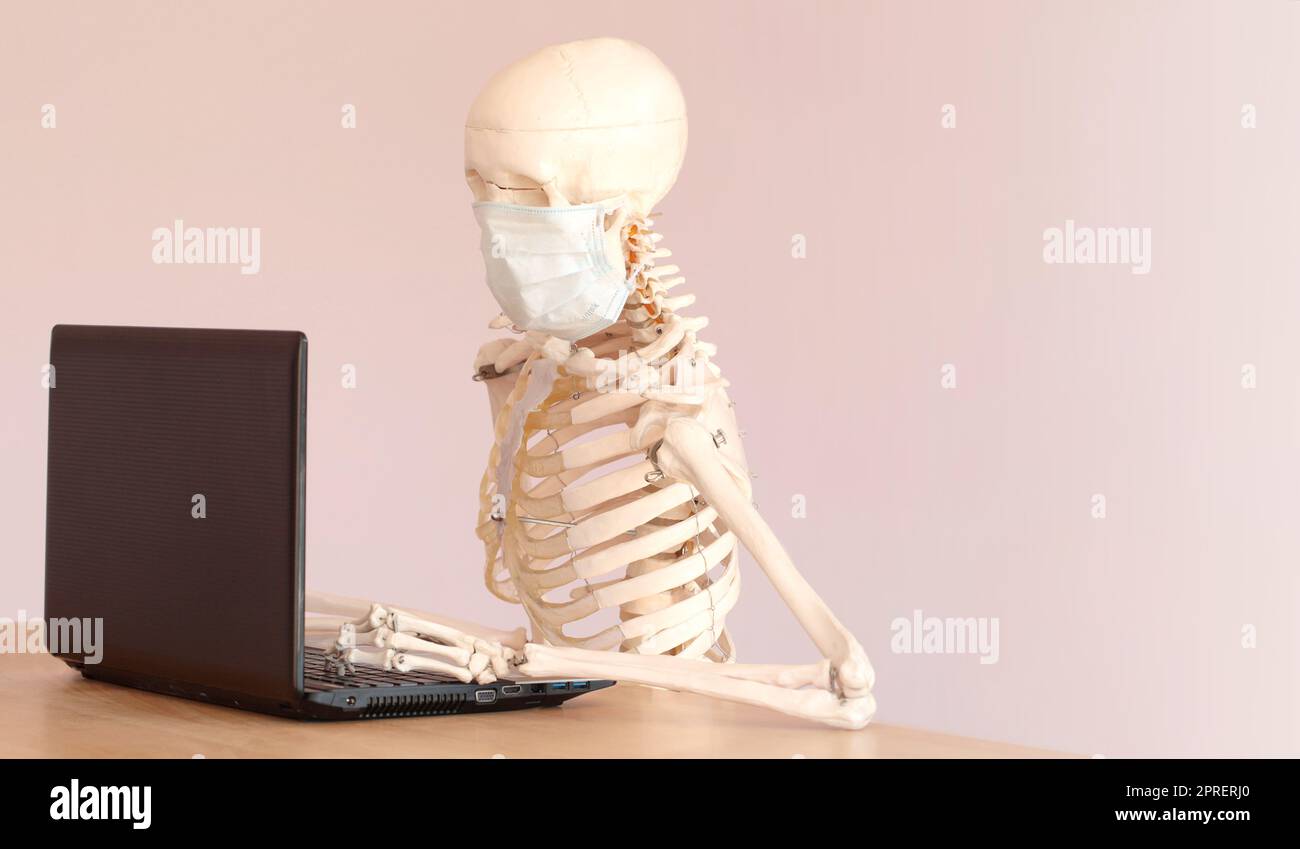 The skeleton in a medical mask using a computer in the office Stock ...