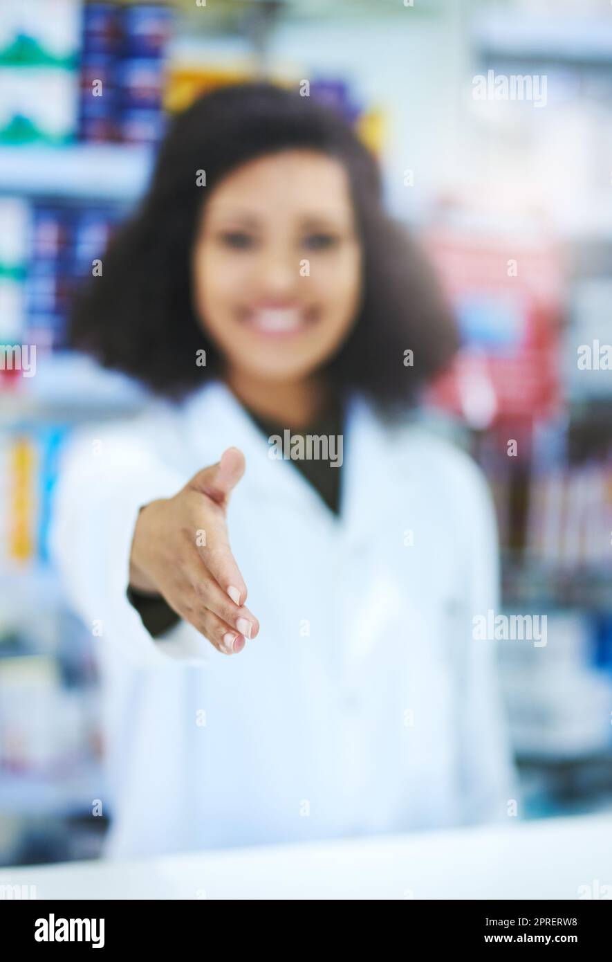 Hello, Im here to help. a young woman extending her arm for a handshake ...