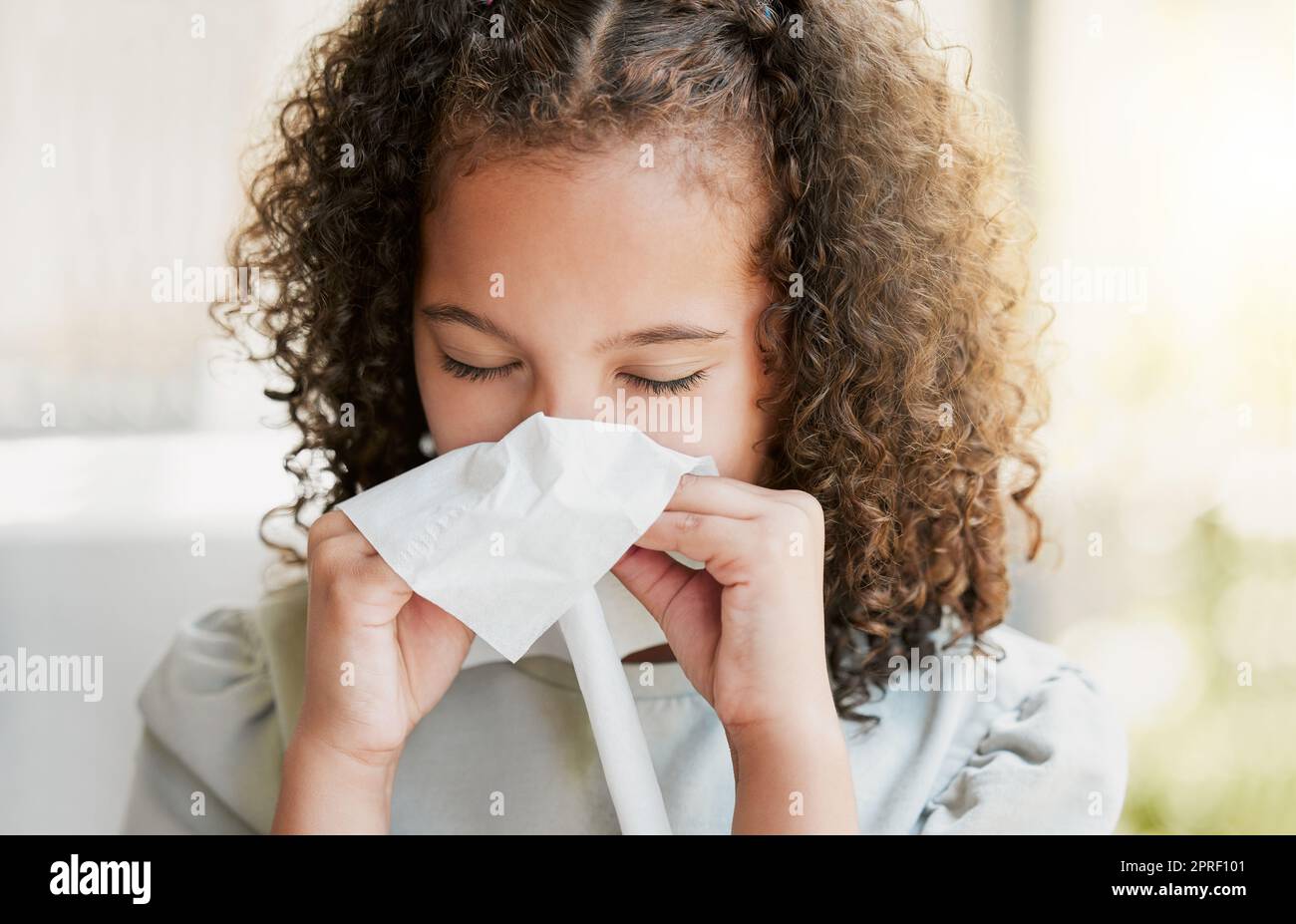 Sick, cleaning nose with tissue and tired girl kid suffering from flu ...
