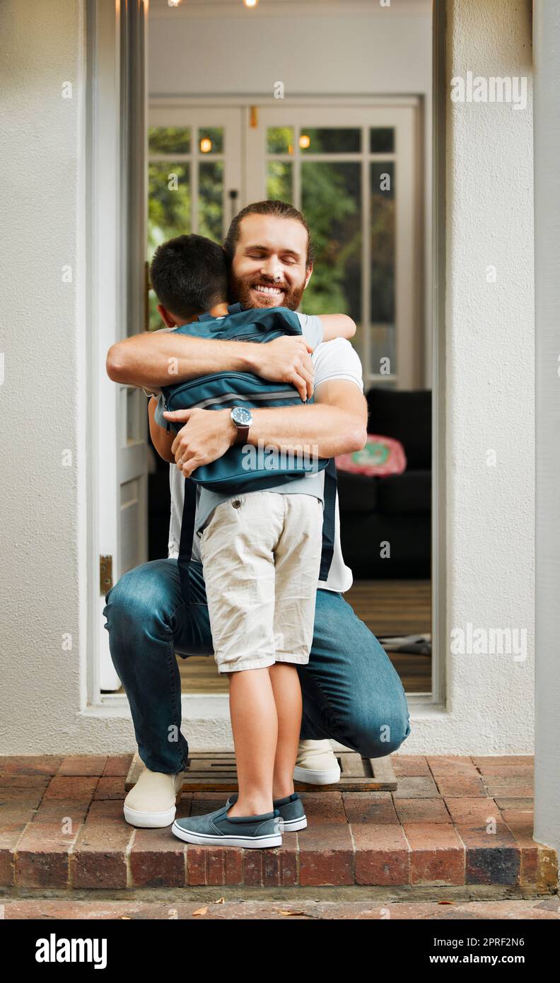 Hugging, love and care between a father and son bonding outdoors at ...