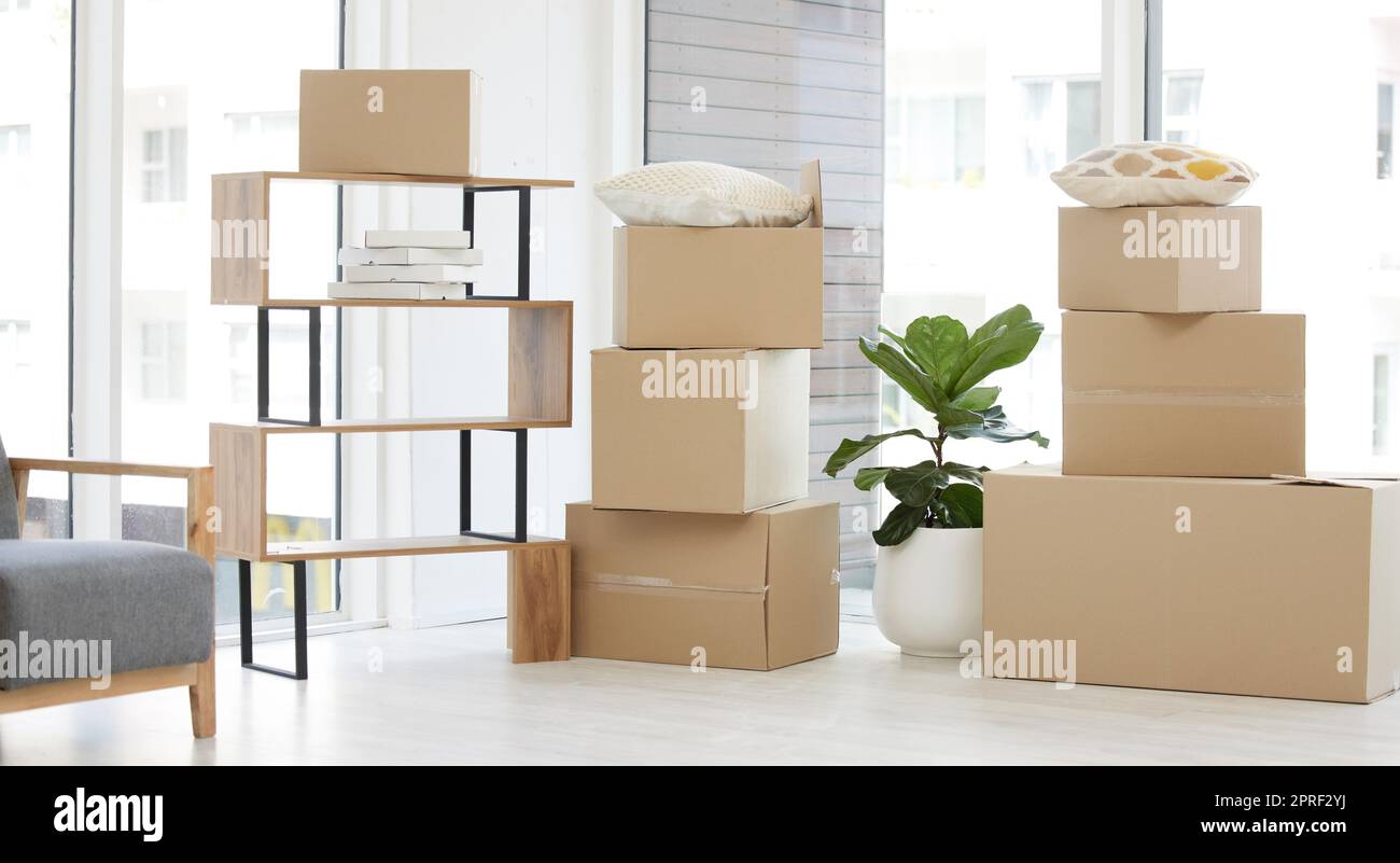 The price of freedom. boxes in a new and empty home during the day ...